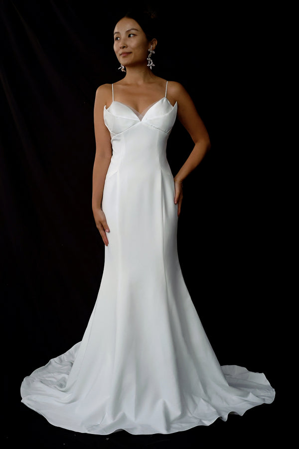 Hazel Sweetheart Neckline Spaghetti Straps Fit & Flare Crepe Wedding Dress | Bone and Grey ...