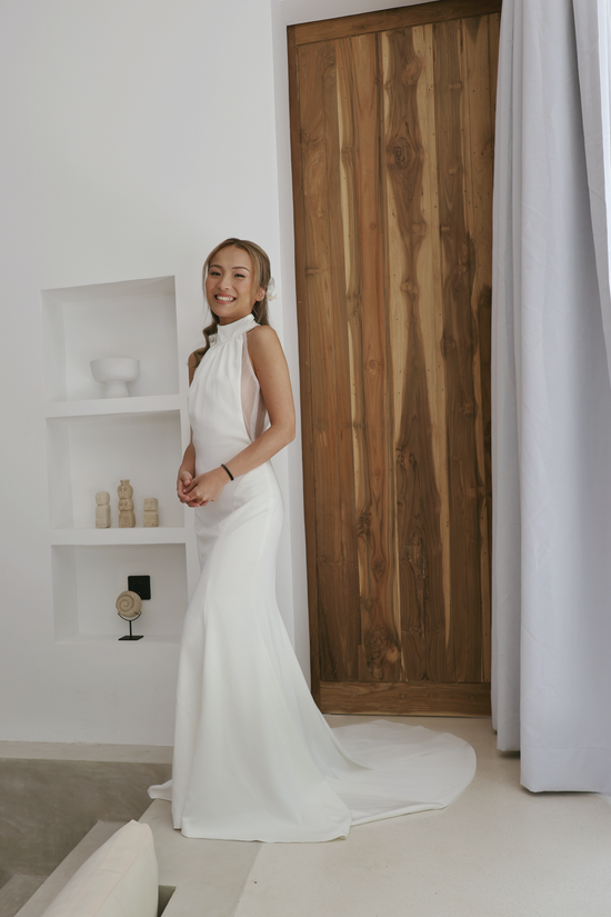 Shelly High Neckline Halter Crepe Wedding Dress with Sexy Open Back ...