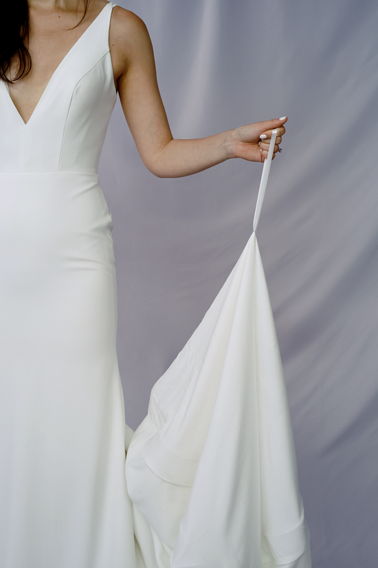 Michelle Spaghetti Straps V-neck Crepe Fit & Flare Wedding Dress | Bone ...