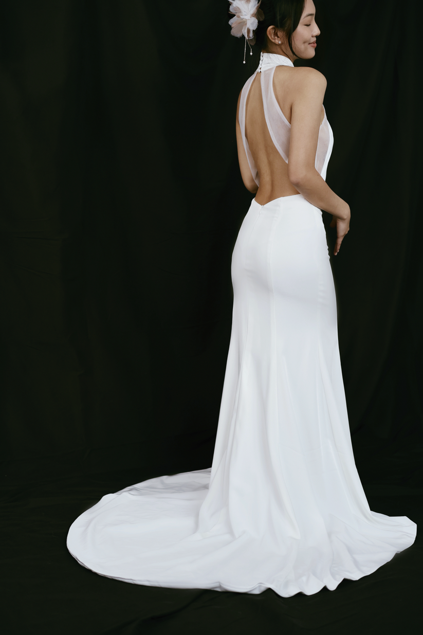 Shelly High Neckline Halter Crepe Wedding Dress with Sexy Open Back ...
